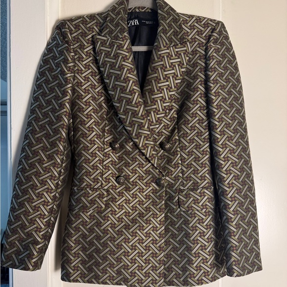 Zara | Jackets & Coats | Zara Geometric Pattern Blazer Brown And Cream ...